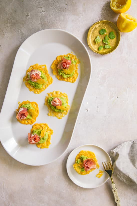 Lacy Cheese Crisps with Fava Bean Hummus - Grits and Chopsticks