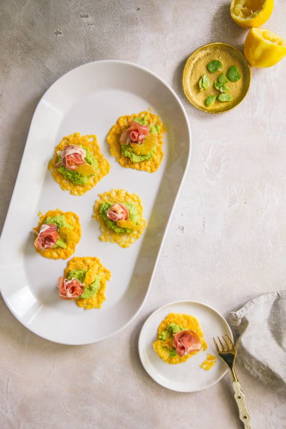 Lacy Cheese Crisps with Fava Bean Hummus - Grits and Chopsticks